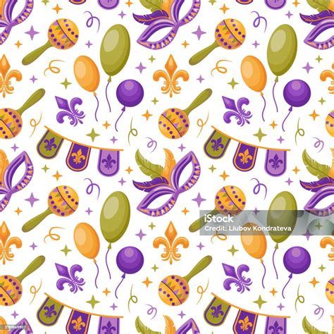 생동감 넘치는 풍선 마라카스 축제 분위기의 멧새 플뢰르 드 리스 모티프 카니발 마스크가 특징인 이음매 없는 패턴으로 축하 행사와 장난기 넘치는 디자인에 이상적입니다 파티