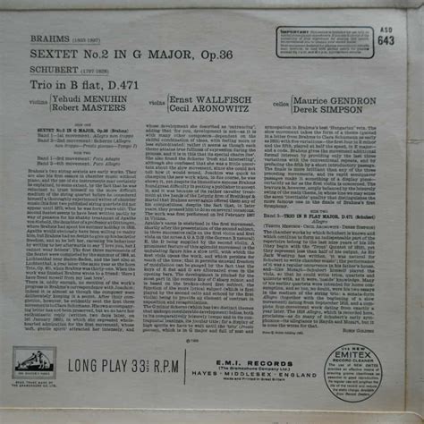 Brahms Sextet For Strings No 2 In G Op 36 Record Player