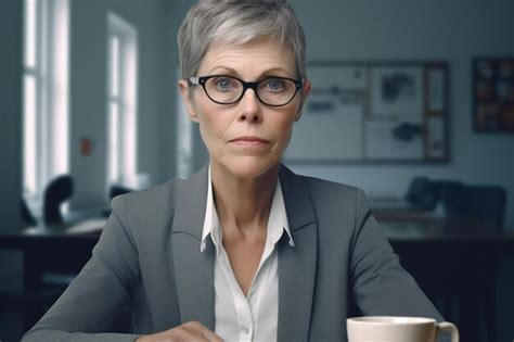 Premium Ai Image A Woman With Glasses And A Gray Suit Is Sitting At A