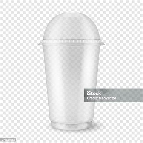 벡터 현실적인 3d 빈 투명 한 플라스틱 일회용 컵 투명도 격자 배경에 고립 된 구체 돔 모자 근접 촬영을 포장 이랑 그래픽밀크 쉐이크 차 신선한 주스 레모네이드 스무디와