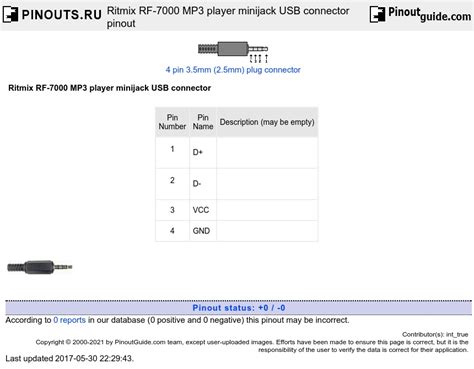 Ritmix RF-7000 MP3 player minijack USB connector pinout signals ...