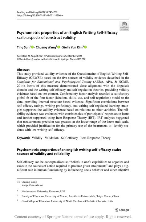 Psychometric Properties Of An English Writing Self Efficacy Scale Aspects Of Construct Validity