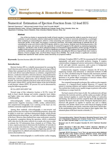 Numerical Estimation Of Ejection Fraction From 12lead Ecg 2155 9538 1000172 Pdf