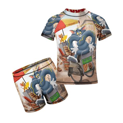 Tom And Jerry Boys 2 Piece Swimsuit Set Short Sleeve Rash Guard And Swim