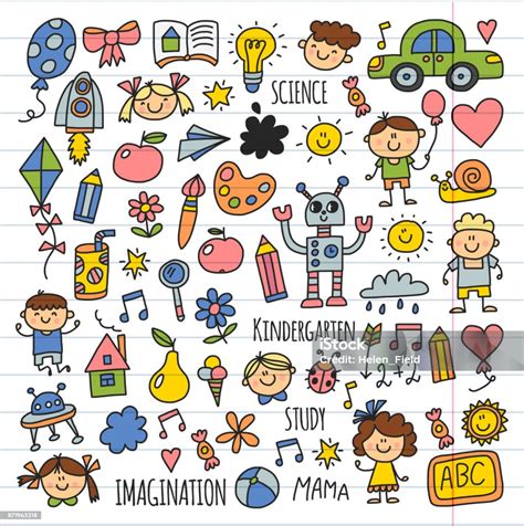 학교 유치원입니다 행복 한 아이 들 창의력 상상력 낙서 아이콘 아이 들과 함께입니다 재생 하 고 연구 하 고 행복 한 학생 과학 성장 하 고 모험 탐험 연구 공부에 대한