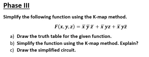 Solved Phase IIISimplify The Following Function Using The Chegg