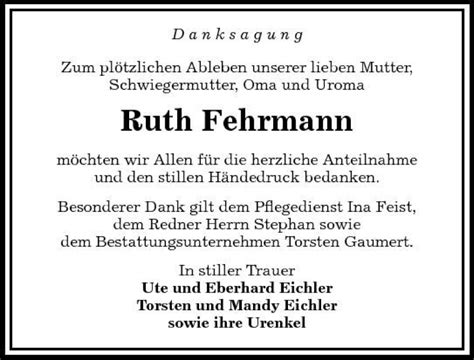 Traueranzeigen Von Ruth Fehrmann Trauer Anzeigen De