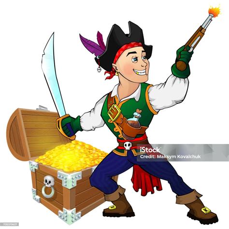 칼과 권총 들고 젊은 해 적 보물 상자입니다 벡터 일러스트입니다 Eps 10 개체 그룹에 대한 스톡 벡터 아트 및 기타 이미지 개체 그룹 걸이 장비 검 Istock