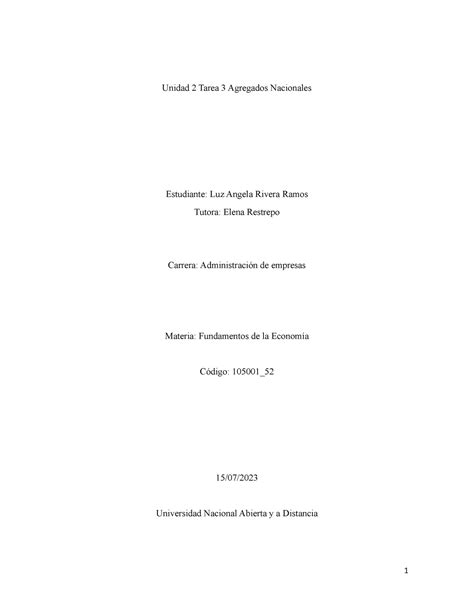 Tarea Agregados Nacionales RTA Unidad Tarea Agregados Nacionales Estudiante Luz Angela