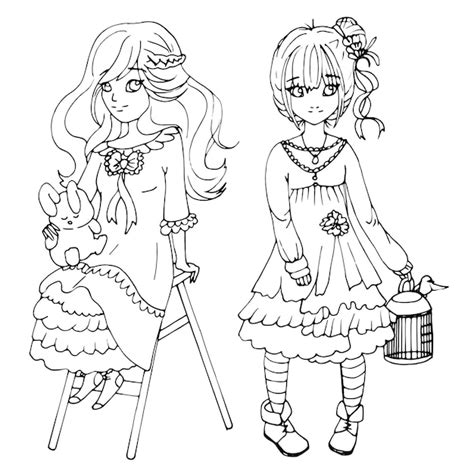 Página Para Colorir Vetor Com Linda Garota De Anime De Desenho Animado