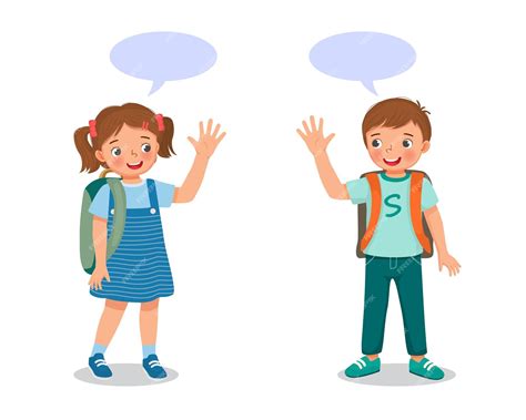 два милых школьника с рюкзаком мальчик и девочка прощаются или здороваются машут друг другу