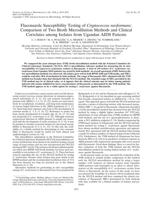 Pdf Fluconazole Susceptibility Testing Of Cryptococcus Neoformans Comparison Of Two Broth