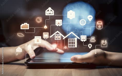 Man Hands Working With Tablet Smart Home Interface With Augmented