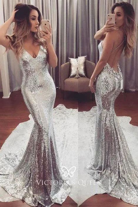Sexy Backless Silver Sequin Mermaid Long Prom Dress VQ