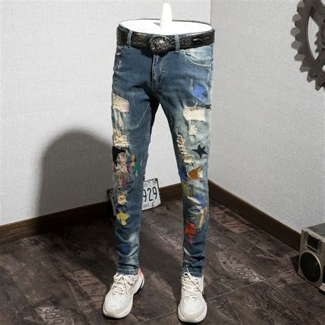남성용 홀 패치 슬림 스키니 진 바케로 옴브레 진 라이트 블루 워싱 스티커 힙합 바지 고품질 브랜드 청바지 AliExpress