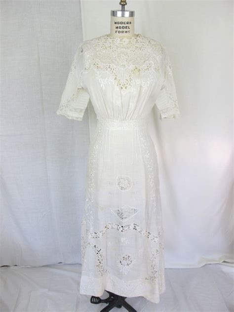 1900s Antique Edwardian White Cotton Lace Tea Lawn Dress Etsy Lawn