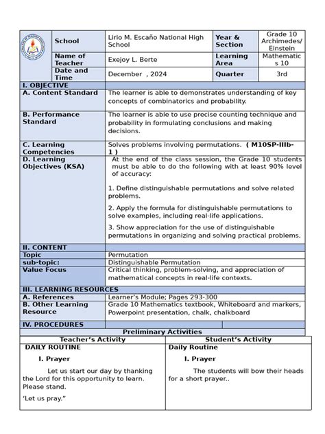 Lesson Plan 2 Distinguishable Permutation Pdf Permutation Cognition