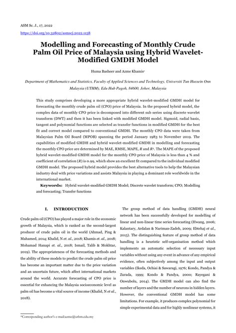 Pdf Modelling And Forecasting Of Monthly Crude Palm Oil Price Of Malaysia Using Hybrid Wavelet