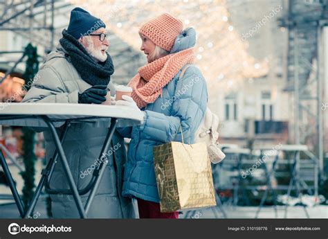 Elderly Man Woman Warm Winter Clothes Standing Each Other Outdoors