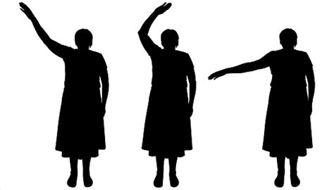 한 무리의 여성들이 똑바로 서서 팔을 움직인다 손 의 움직임 움직임없이 다리 가만히 서 부드럽고 우아하며 우아한 손 의 움직임 흰색에 고립 된 세 가지 검은 실루엣 성년