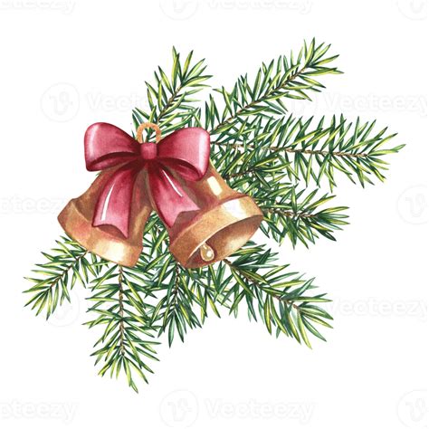 Christmas Bells With A Red Ribbon Fir Branches A Hand Drawn
