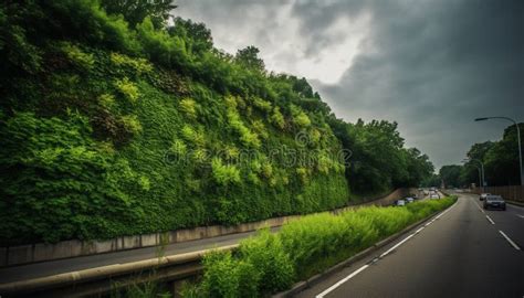 Driving On Multiple Lane Highway Through Green Forest Landscape Generated By Ai Stock
