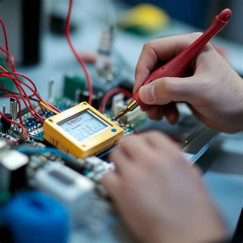 Closeup Of A Hand Using A Multimeter To Test An Electronic Circuit Board Premium Ai Generated