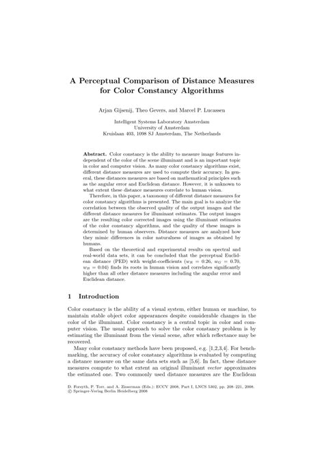 Pdf A Perceptual Comparison Of Distance Measures For Color Constancy