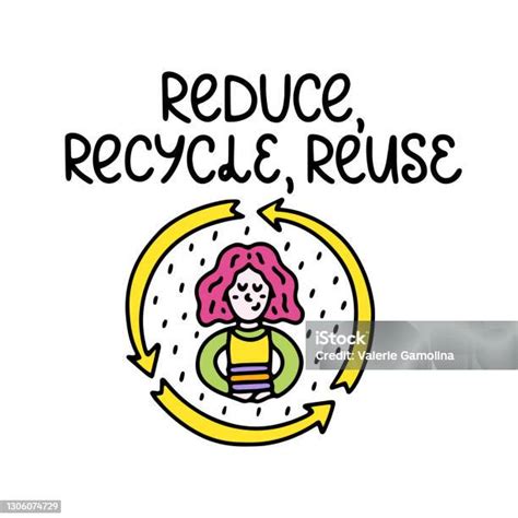 감소 재활용 재사용 여성과 손 글자를 가진 벡터 낙서 제로 폐기물 재활용 카드 엽서 배너 포스터 스티커 및 소셜 미디어를 위한 벡터 템플릿 가공의 인물에 대한 스톡 벡터