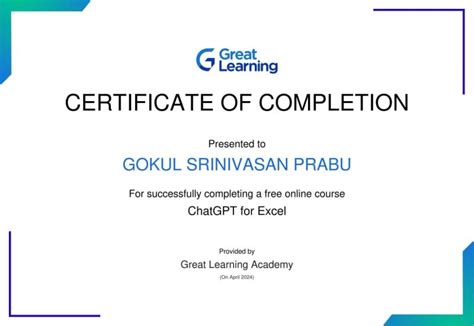greatlearning chatgpt excelcertificate gokul srinivasan prabu