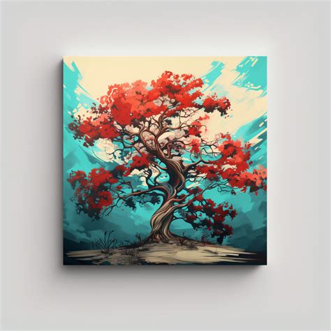 Cuadro Decorativo Armonía Cromática En Rojo Y Turquesa De Un Roble Con Atmósfera Neonoir