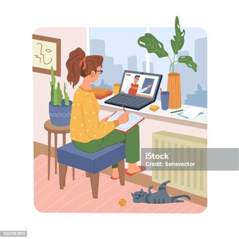 온라인 교육 집에서 컴퓨터 학습을 공부하는 여성 학생 평평한 거리 교육 벡터 만화 소녀는 노트북 근처 의자에 앉아 메모를 만들고