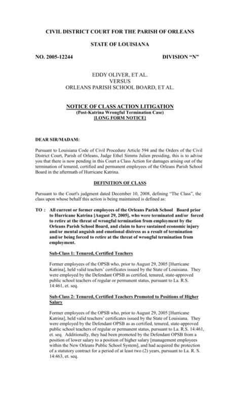 Class Action Certification Long Form Notice