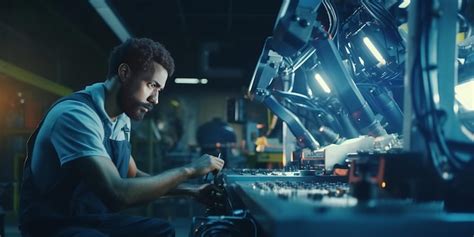 Premium Photo Engineer Check And Control Automation Robot Arms Machine In Intelligent Factory