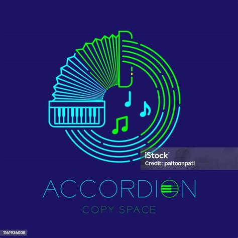 手風琴 音樂筆記與線工作人員圓形狀標誌圖示輪廓筆劃設置破折號線設計插圖隔離在深藍色背景與鍵盤文本和複製空間向量圖形及更多風箱 樂器圖片