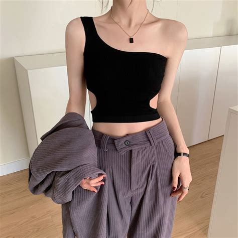 Sexy One Shoulder Slim Camisole Crop Tops Nada Outfit Land