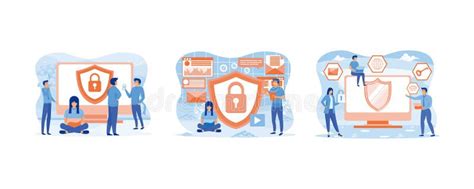 People And Computer With Shield And Lock Safety And Confidential Data Protection Data