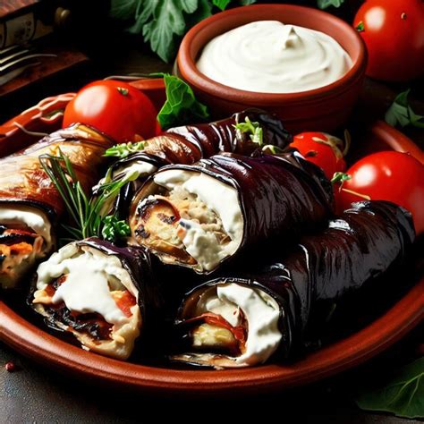Premium Ai Image Baked Grilled Eggplant Rolls With Cottage Cheese