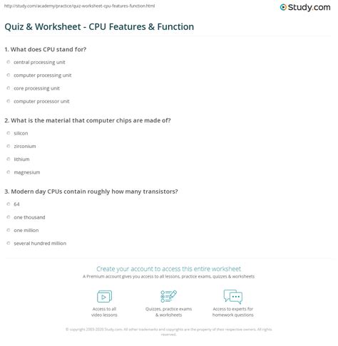 Quiz And Worksheet Cpu Features And Function