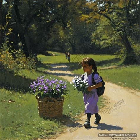 Ai创作图采花的小女孩 采花的女孩 百花丛中的小女孩 花丛中散步 小朋友油画 采花的小女孩插画 采花姑娘 摘果实的陶瓷少女 乡间小路上的小姑娘 走在桂花树下的小女孩 人物风景花卉油画 女孩背包