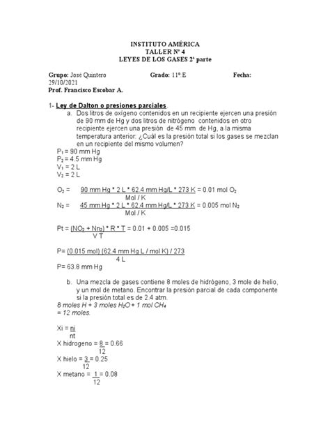 Taller De Ley De Los Gases 2 Parte Pdf Gases Mole Unidad