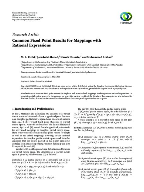 Pdf Common Fixed Point Results For Mappings With Rational Expressions