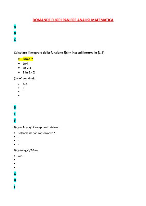 Fuori Paniere Analisi Matematica Domande Fuori Paniere Analisi