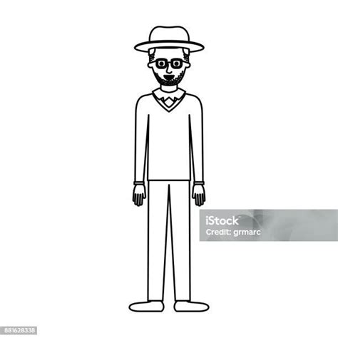 모자와 안경 고 스웨터와 바지와 신발 흑백 실루엣에서 짧은 머리와 수염 수염을 가진 남자 경영자에 대한 스톡 벡터 아트 및 기타 이미지 경영자 교사 교육 관련 직업