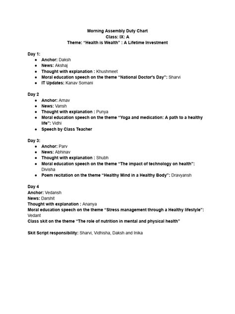 Morning Assembly Duty Chart Pdf