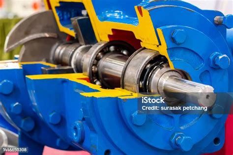 베인 또는 임펠러 로터 샤프트 베어링 하우징 케이싱 등과 같은 산업용 원심 펌프 내부의 단면적 현재 세부 구성 요소를 닫습니다 기계 부분에 대한 스톡 사진 및 기타 이미지