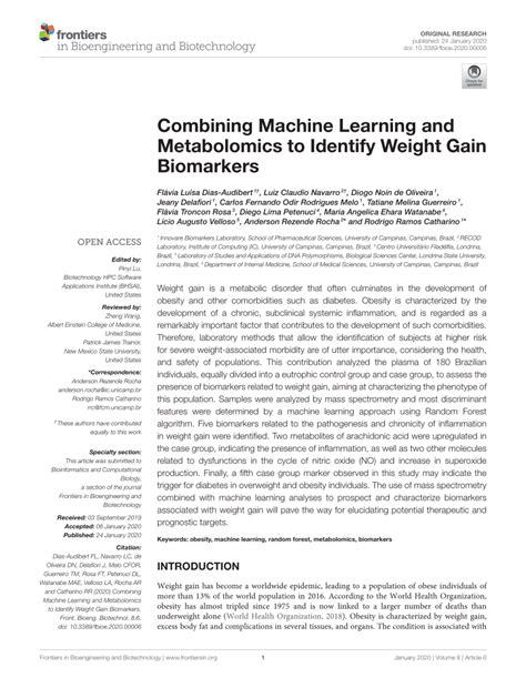 Pdf Combining Machine Learning And Metabolomics To Identify Weight Gain Biomarkers
