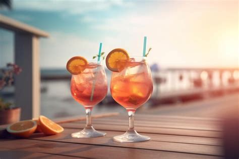 Premium Ai Image Cocktails By The Sea Summer Beach Mood Generative Ai