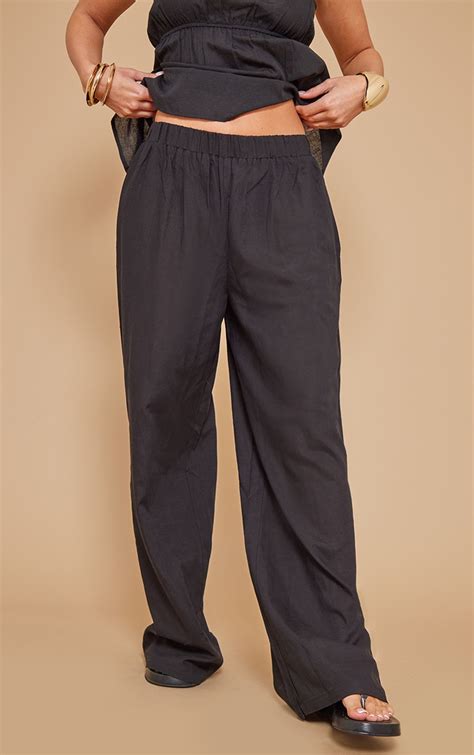Black Linen Look Floaty Wide Leg Pants Co Ords Prettylittlething Aus