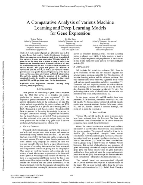 Pdf A Comparative Analysis Of Various Machine Learning And Deep Learning Models For Gene